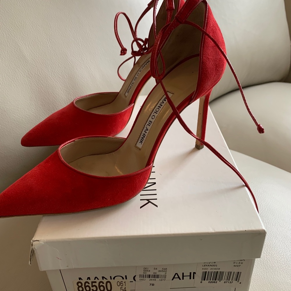 Manila Blahnik Red Suede Leyan 4 Inch Heels - Gem
